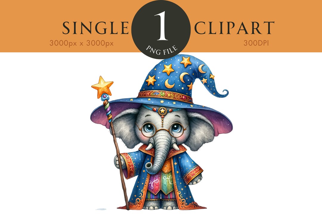 Elephant Wizard Clipart, Cute Magic PNG, Space Illustration, Watercolor ...