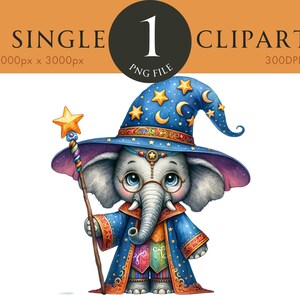 Elephant Wizard Clipart, Cute Magic PNG, Space Illustration, Watercolor ...