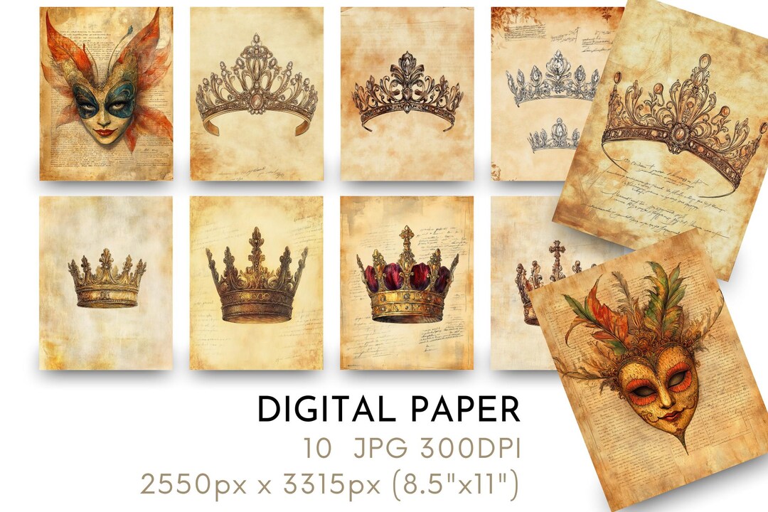 Crowns Digital Paper Tiara Shabby Chic Art Journal Mask Digital Paper ...