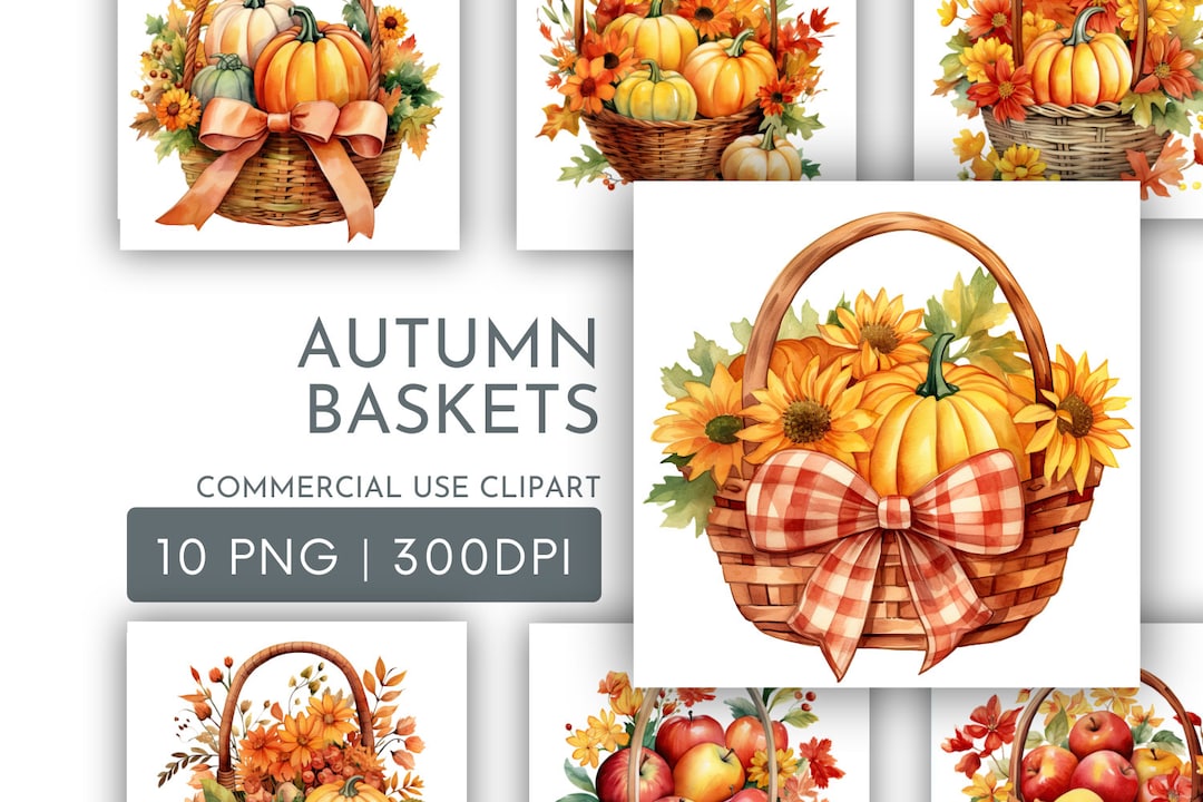 Autumn Clipart Pack, Pumpkin Basket Clipart for Commercial Use, Fall ...