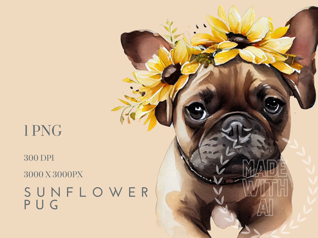 Sunflower Pug Watercolor Clipart PNG, Cute Pets Animals Clipart ...