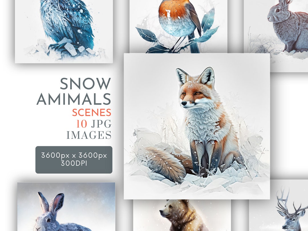 Snow Animals Watercolor Clipart JPG, Background Designs Junk Journaling ...