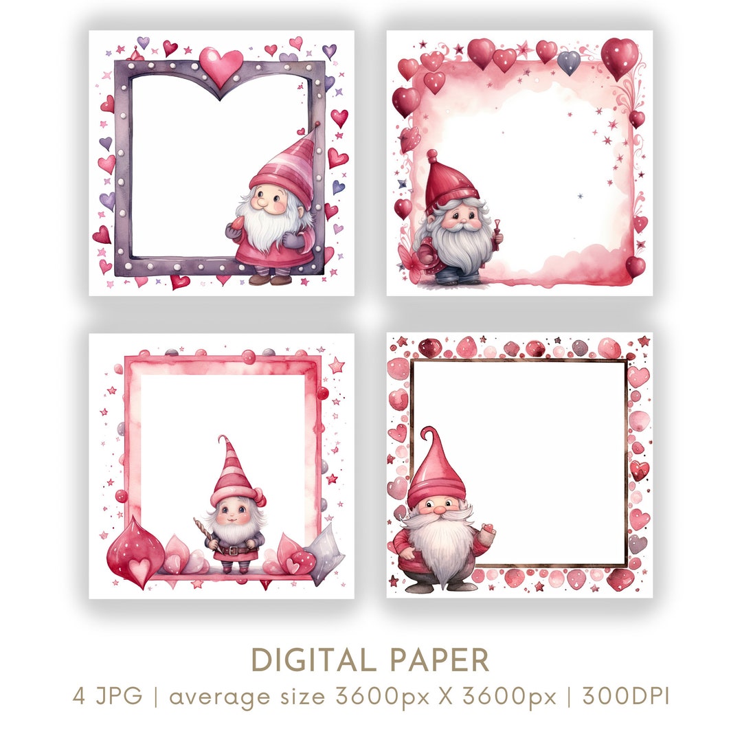 Valentine Gnome Digital Paper Set 4 JPG Hearts Love Card Making ...