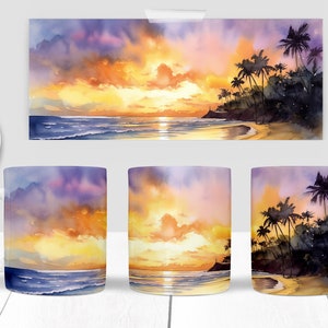 Watercolor Beach Sunset Mug Template Bundle, Sublimation Mug Design ...