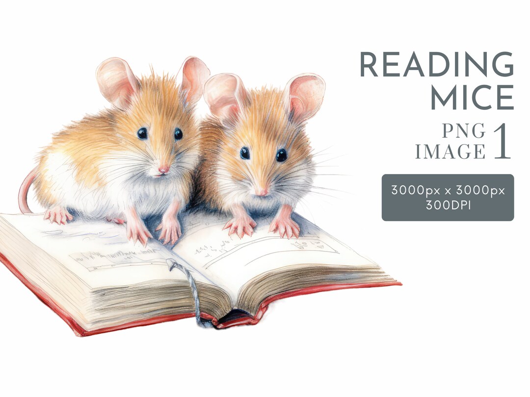 Cute Mice Reading Clipart PNG Files Watercolor Commercial Use Clipart ...