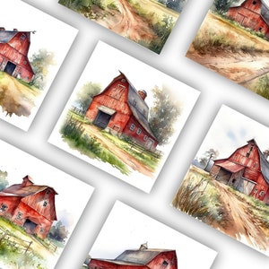 Red Farm Barn Watercolor Clipart JPG, Background Designs Junk ...
