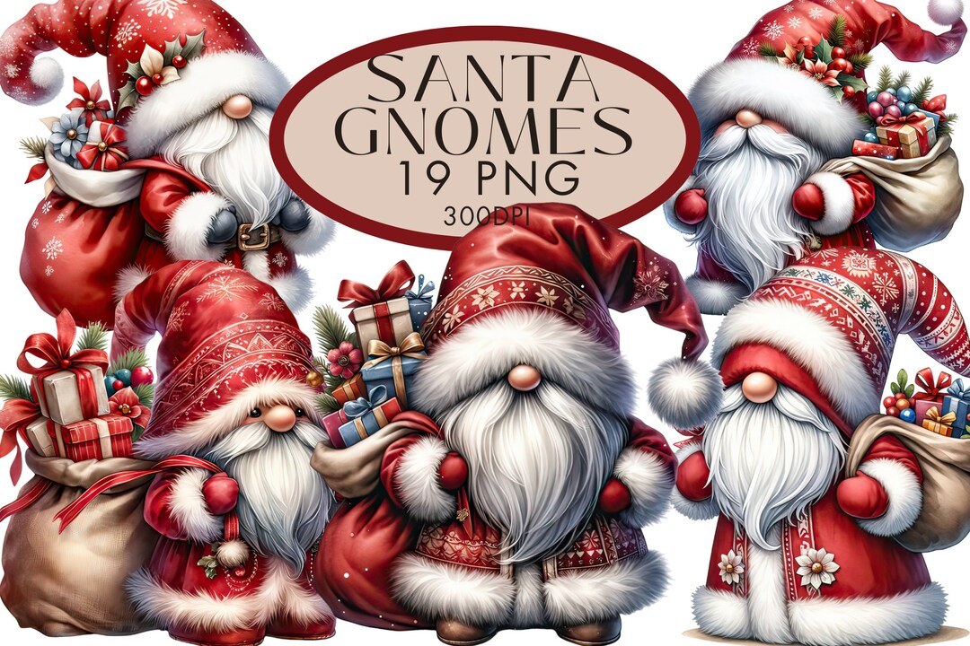 Christmas Santa Gnomes Watercolor Clipart: 19 PNG Festive Xmas Gonks ...
