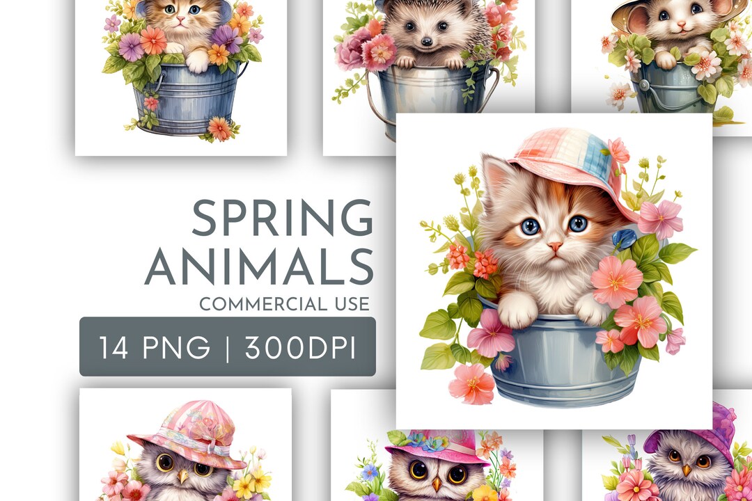 Spring Watercolor Clipart PNG Bundle , Cute Easter Animals Clipart for ...