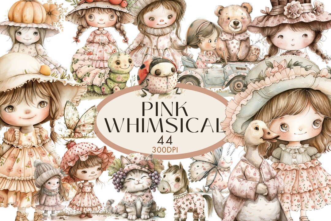 Whimsical Girls Watercolour Clipart PNG Bundle Pink Vintage Whimsical ...