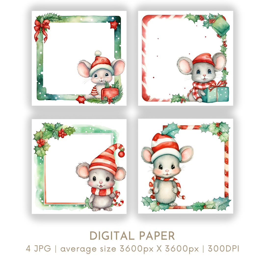 Christmas Mouse Digital Paper Set 4 JPG Festive Card Making Xmas ...