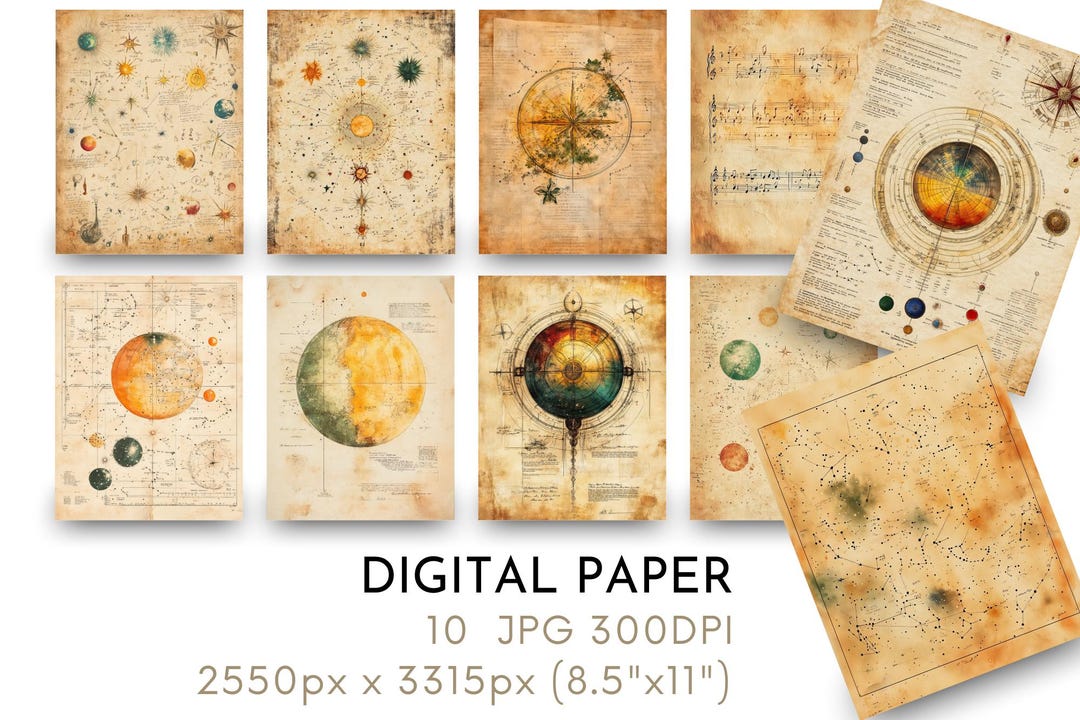 Planets Vintage Digital Paper Shabby Chic Journal Vintage Celestial ...