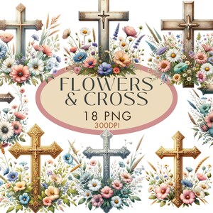 Cross Clipart PNG, Watercolor Easter Flowers Religious Crosses Baptism ...