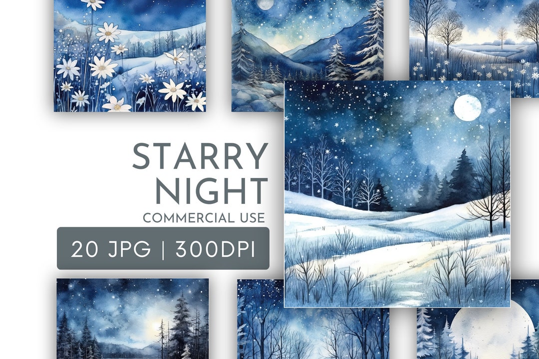 Starry Night Winter Scenes: JPG Papers for Scrapbook Cards (digital ...