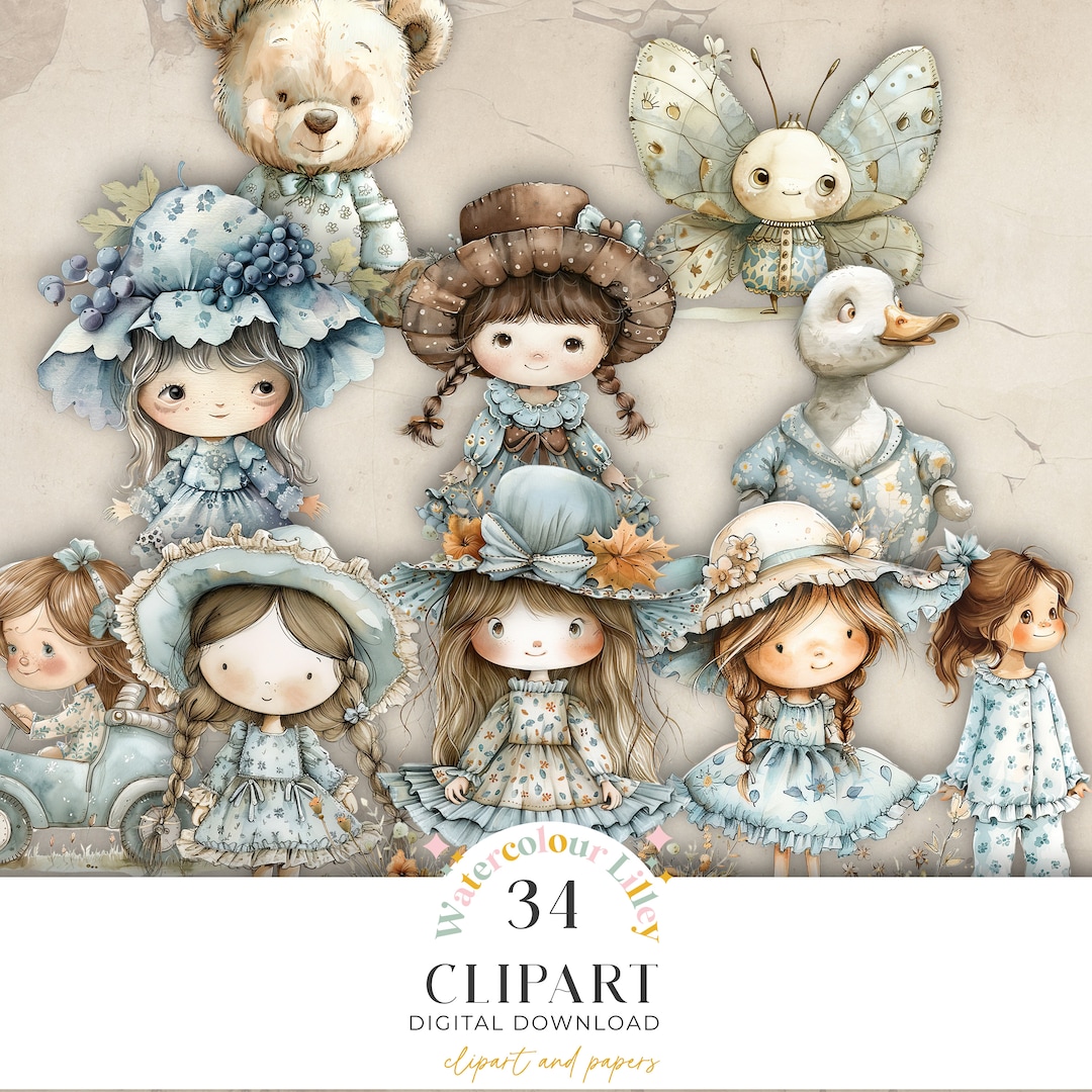 Whimsical Girls Watercolour Clipart PNG Bundle Blue Whimsical Vintage ...