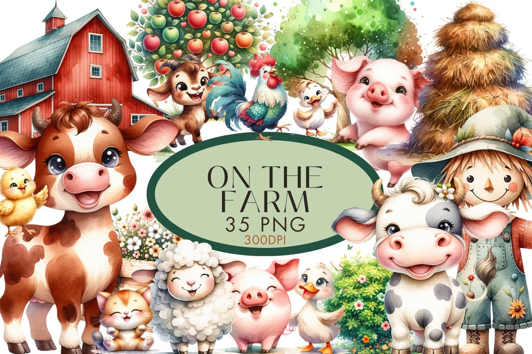 Farm Animal Clipart Bundle, 35 Cute Pngs for Kids Crafts, Barnyard ...