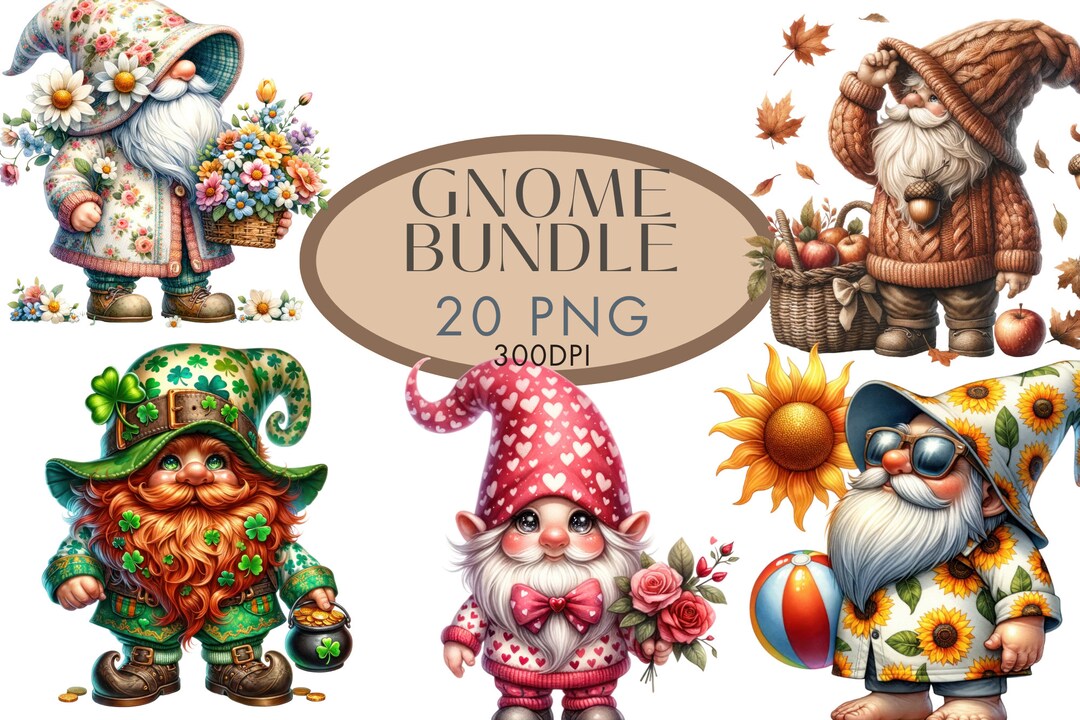 Gnome Clipart PNG Bundle, Valentines, St Patricks, Summer, Spring ...