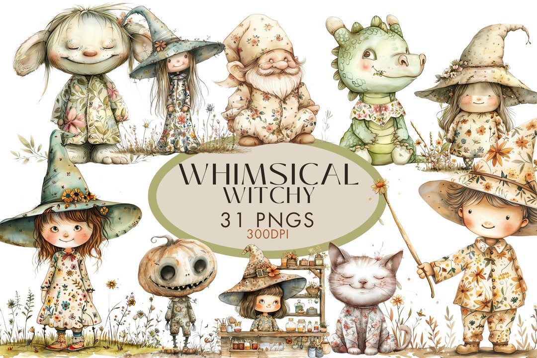 Whimsical Halloween Watercolour Clipart PNG Bundle Vintage Whimsical ...