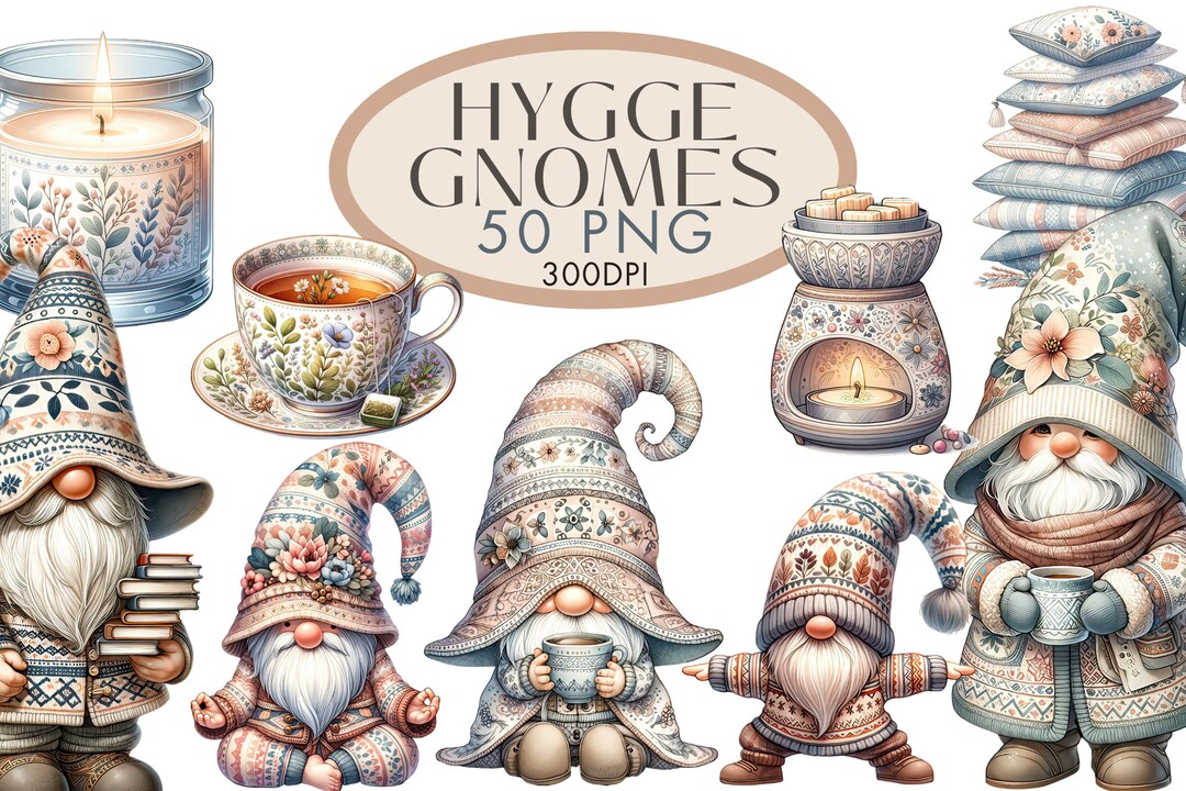 Hygge Gnomes Watercolor Clipart PNG Bundle, Zen Oil Buner Cushions ...