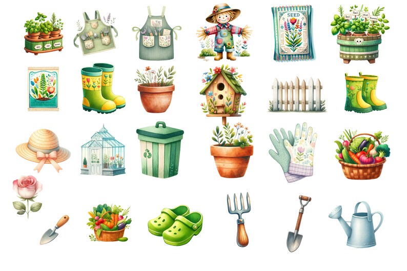 Watercolor Gardening Clipart Bundle: Herbs, Vegetables, Tools (PNG ...
