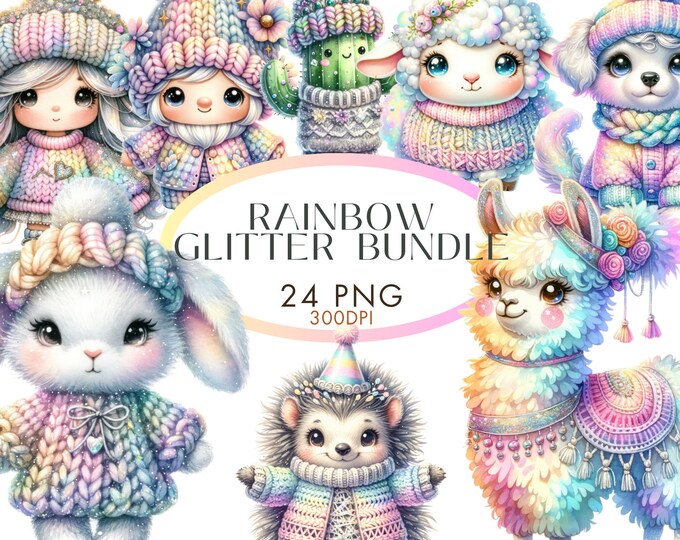 Rainbow Glitter Animals Clipart Bundle: Llama, Hedgehog, Lamb, Dog (PNG ...