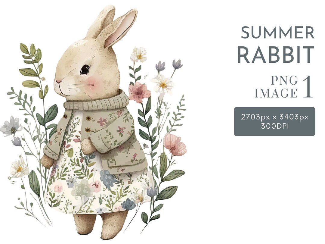 Rabbit With Flowers Clipart PNG, Nursery Clipart, Summer Clipart ...