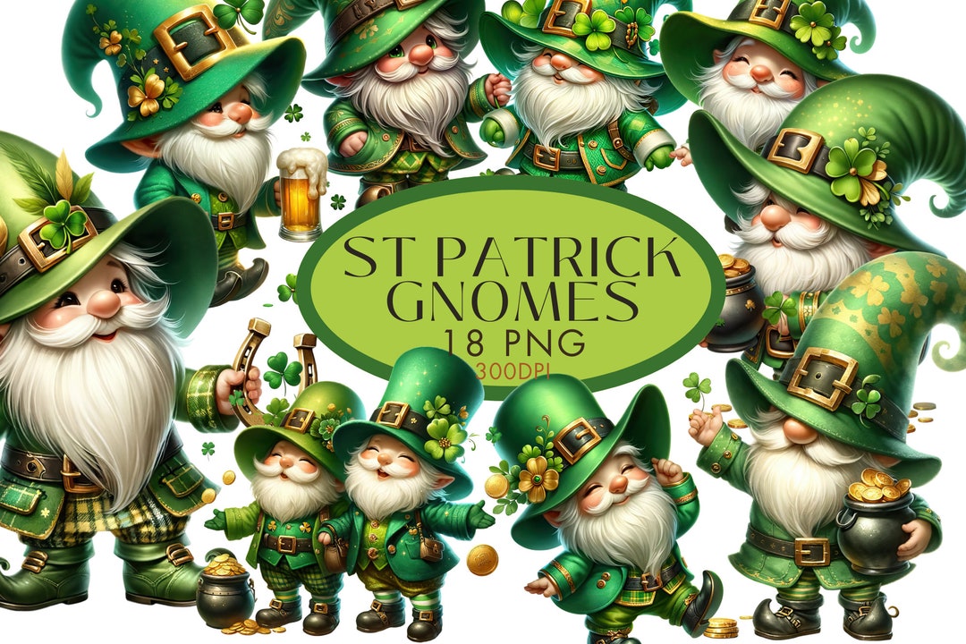 St Patricks Day Gnome Clipart PNG Bundle, Shamrock Gnome Watercolor ...