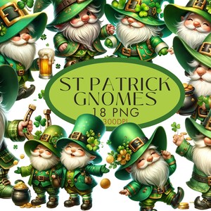 St Patricks Day Gnome Clipart PNG Bundle, Shamrock Gnome Watercolor ...