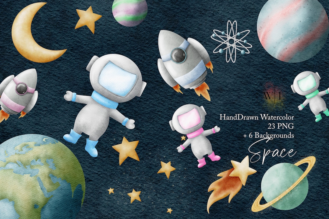Space Watercolor Illustration, Blue Spaceman Pink Space Girl, Stars ...