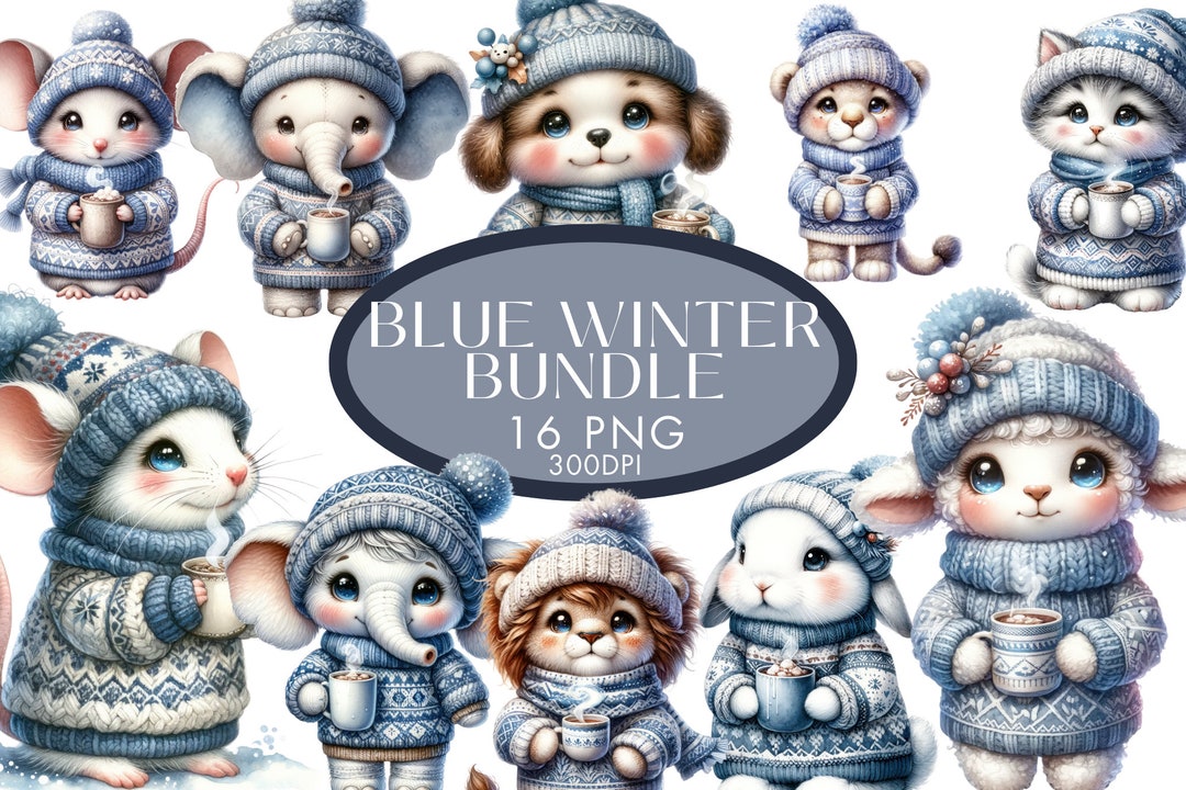 Blue Winter Clipart PNG Bundle, Teddy Bear Puppy Kitten Lion Elephant ...