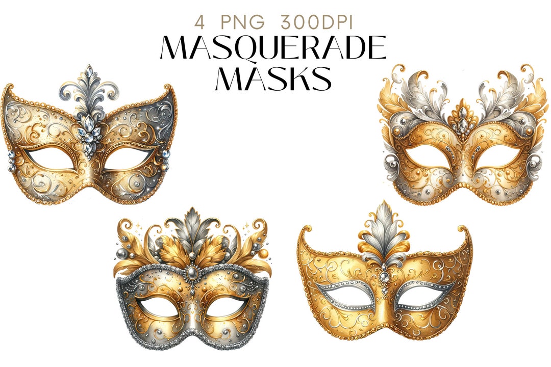 Masquerade Gold Masks Clipart Watercolor PNG Set 4 Venetian Mask, Mardi ...