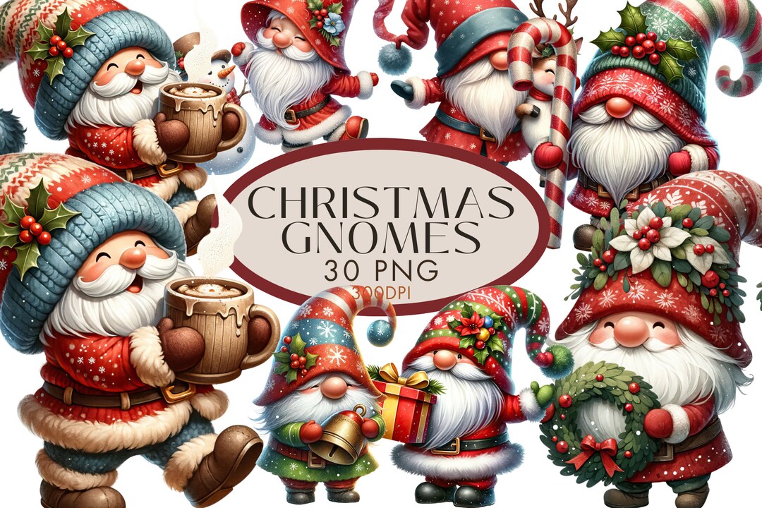 Christmas Gnomes Watercolor Clipart PNG, 30 PNG Bundle Festive Xmas ...