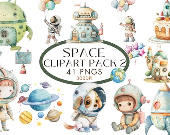 Watercolor Space Clipart Bundle, Astronaut Nursery Clipart, Astronaut ...