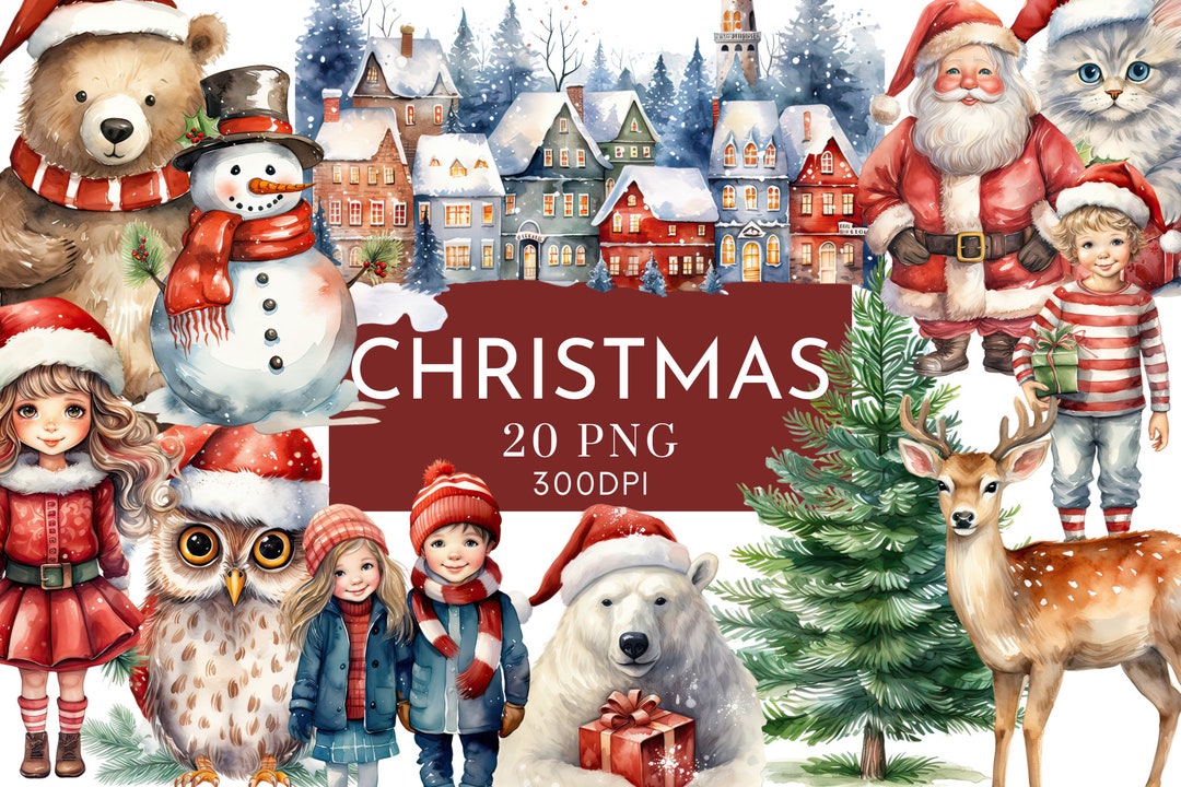 Christmas Watercolor Clipart PNG Bundle , Festive Snowman Santa Tree ...