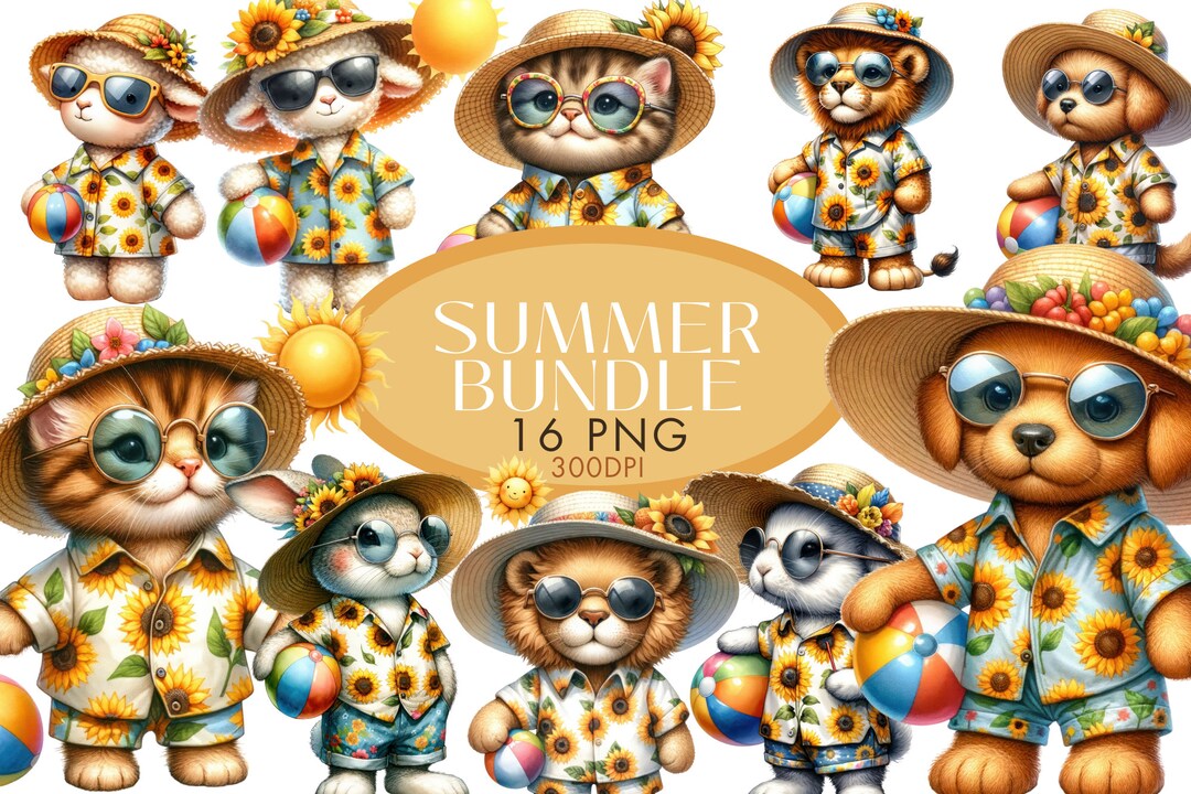 Summer Clipart PNG Bundle Teddy Bear Puppy Kitten Lion Elephant Lamb ...