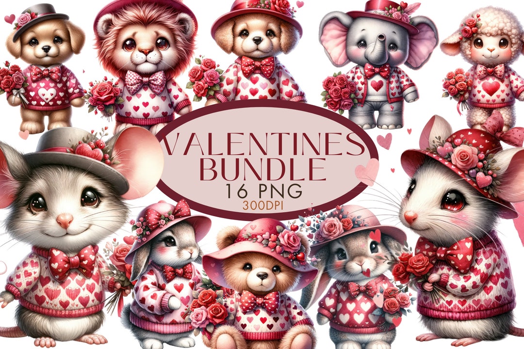 Valentine Clipart PNG Bundle Teddy Bear Puppy Kitten Lion Elephant Lamb ...