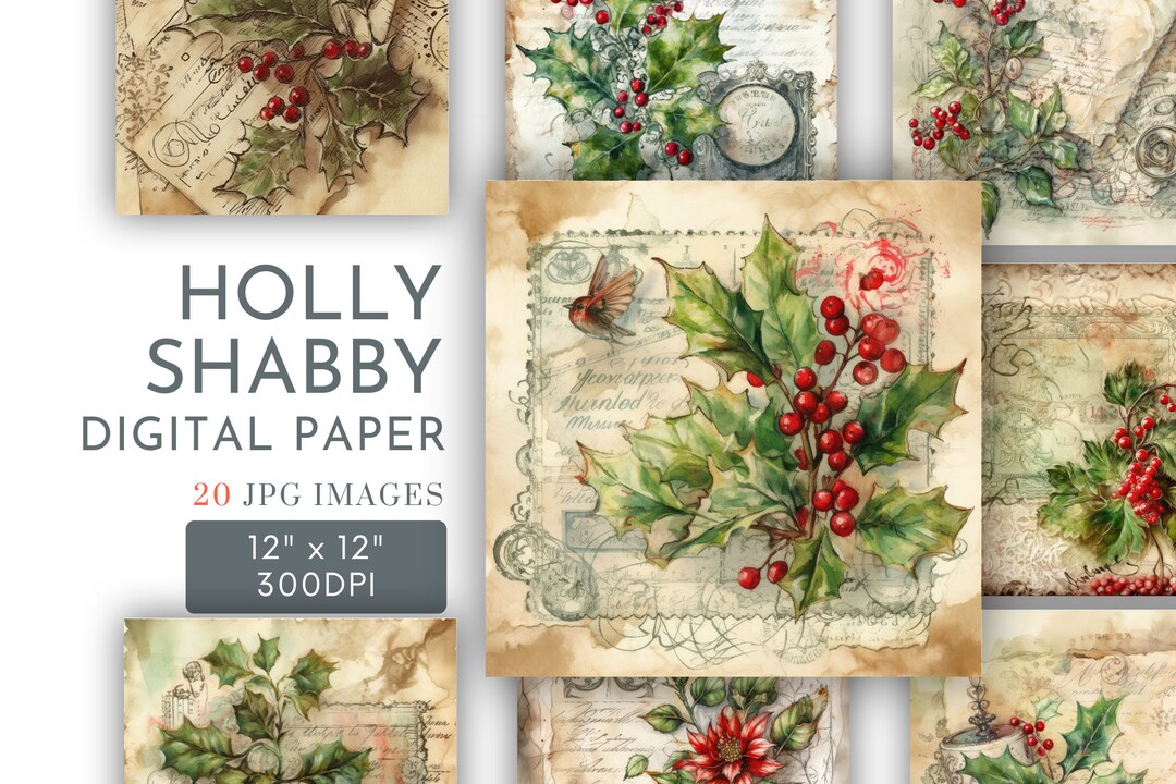 Victorian Holly Digital Paper: Shabby Christmas Scrapbook Backgrounds ...