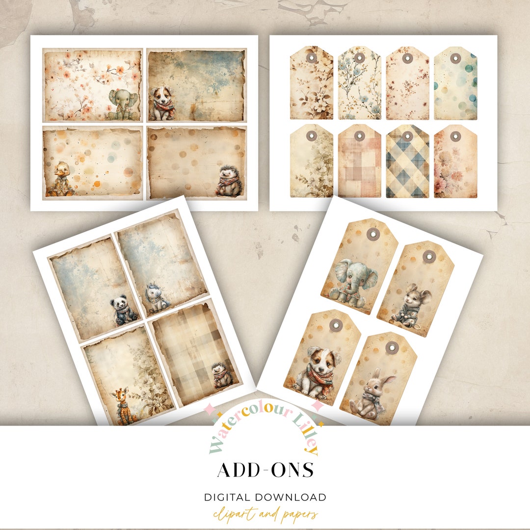 Whimsical Animals Junk Journal Add Ons JPG, Vintage Tags Shabby Cute ...