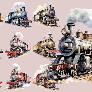Watercolor Steam Train Clipart PNG Bundle , Vintage Train Transport ...