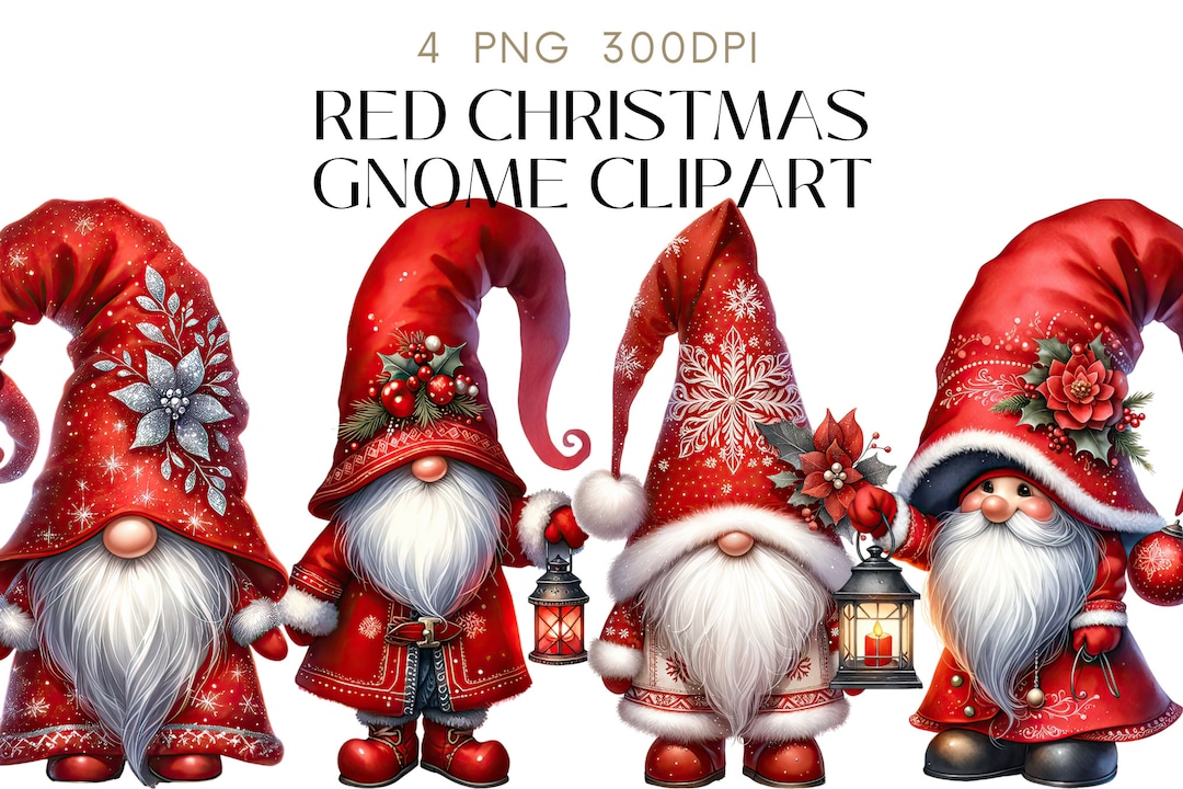 Red Christmas Gnome Clipart Illustration Watercolor PNG Set 4 Xmas ...
