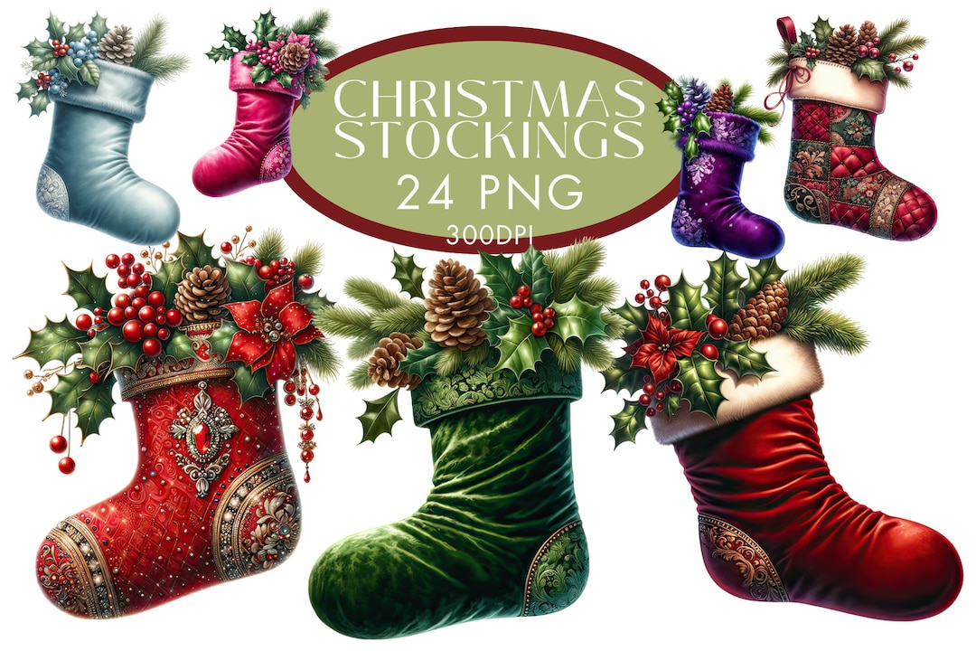 Christmas Stockings PNG Watercolor Clipart 24 PNG Bundle Red Purple ...
