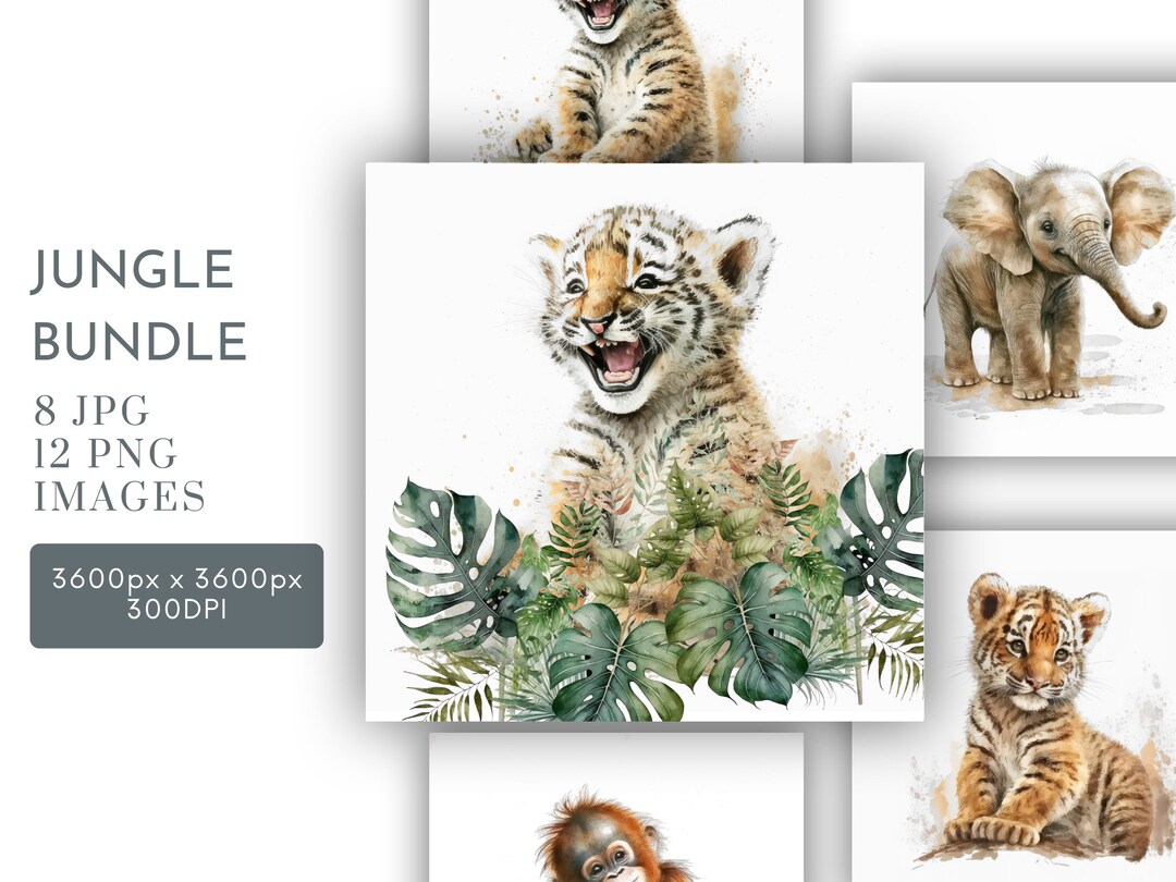 Jungle Bundle Clipart JPG, Jungle Animals Clipart, Greenery Watercolor ...