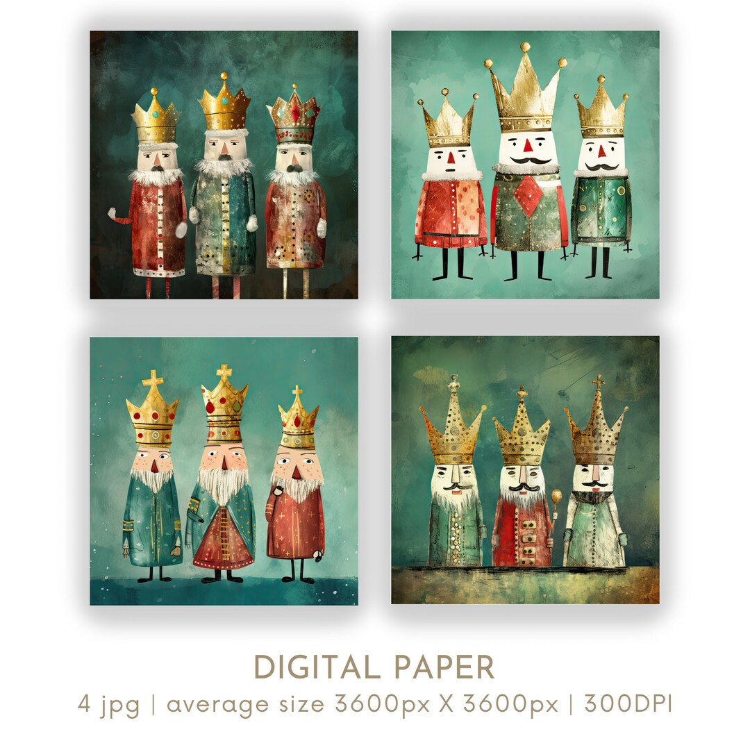 Whimsical 3 Kings Digital Paper Set 4 JPG Christmas Card Making Festive ...