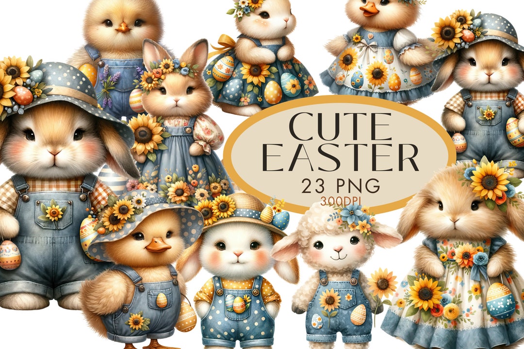 Cute Easter Animals Clipart PNG Bundle, Bunny Chick Lamb Nursery ...