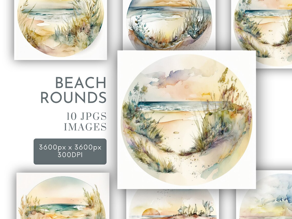Beach Round Scenes Watercolor Clipart JPG Background Designs - Etsy