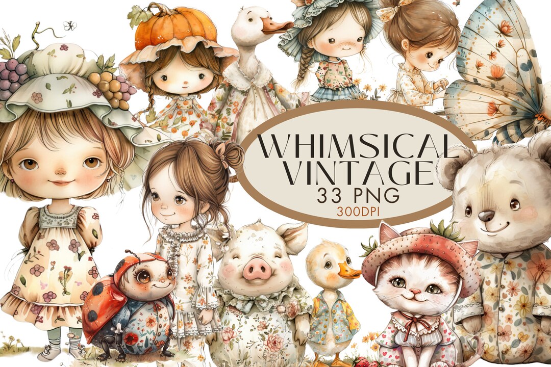 Whimsical Girls Watercolour Clipart PNG Bundle Whimsical Duck Bear Pony ...