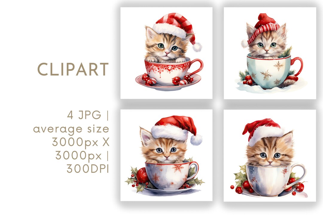 Christmas Kitten Watercolor Clipart PNG Set 4 , Teacup Xmas Clipart for ...