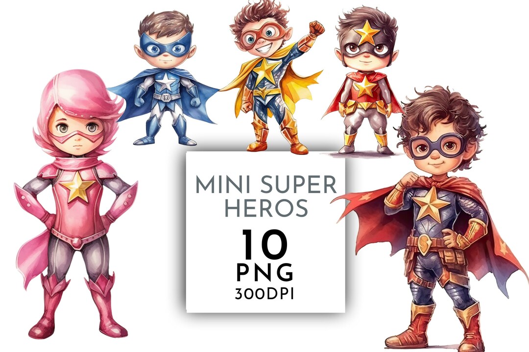 Mini Super Hero Kids Watercolor Clipart PNG, Fancy Dress Kids , Junk Journaling , Watercolor ...