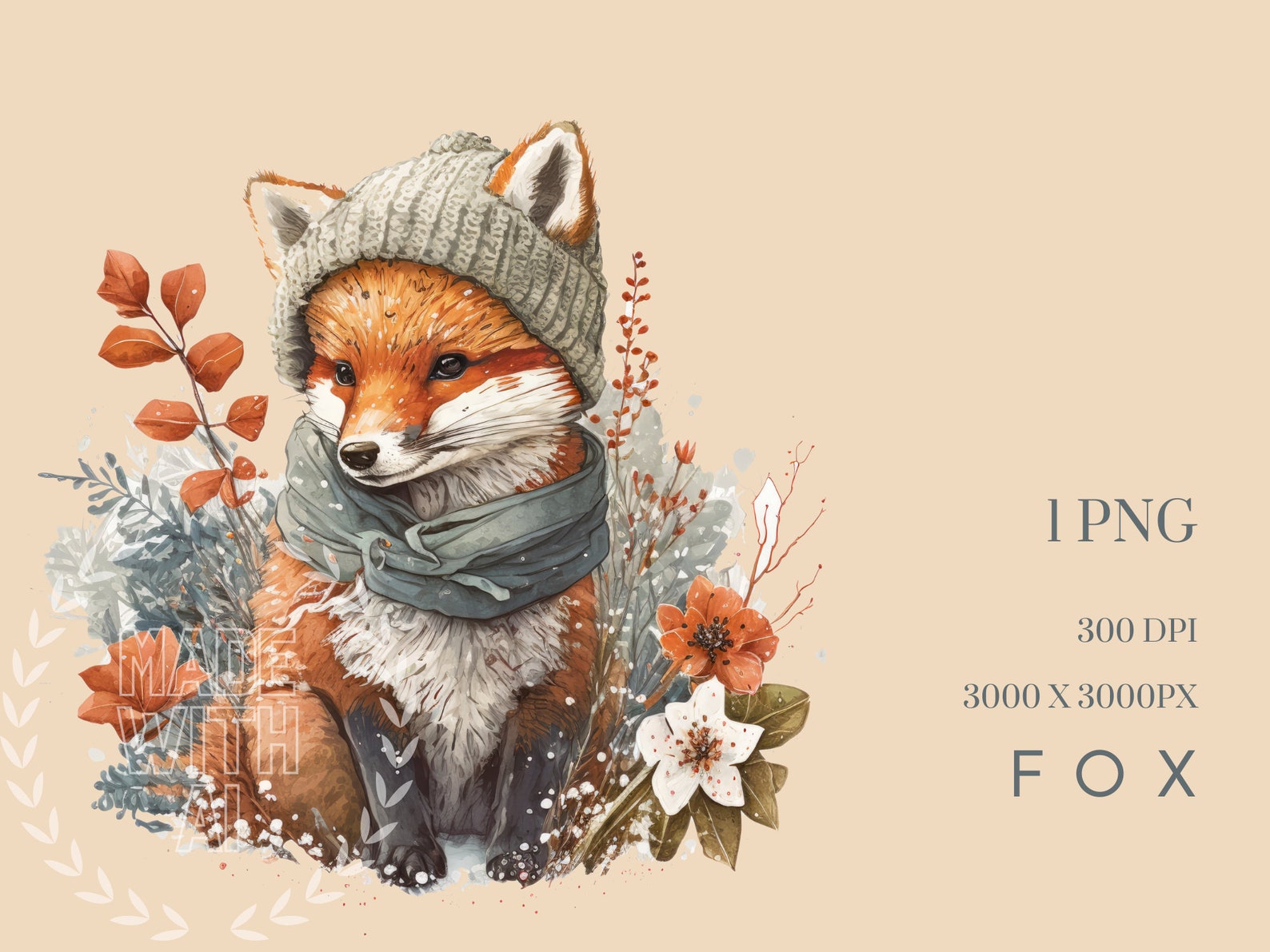 Winter Fox Clipart Nursery Clipart Floral Clipart Fox - Etsy