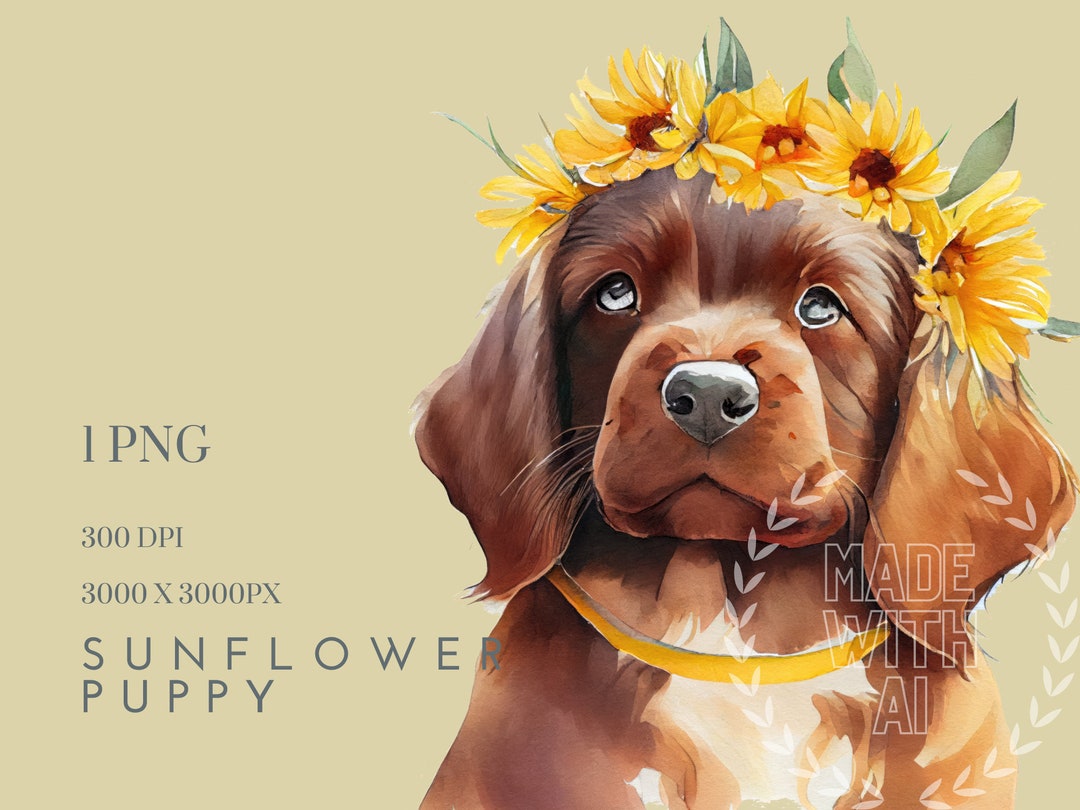 Sunflower Puppy Watercolor Clipart PNG, Cute Pets Animals Clipart ...