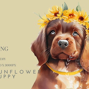 Sunflower Puppy Watercolor Clipart PNG, Cute Pets Animals Clipart ...